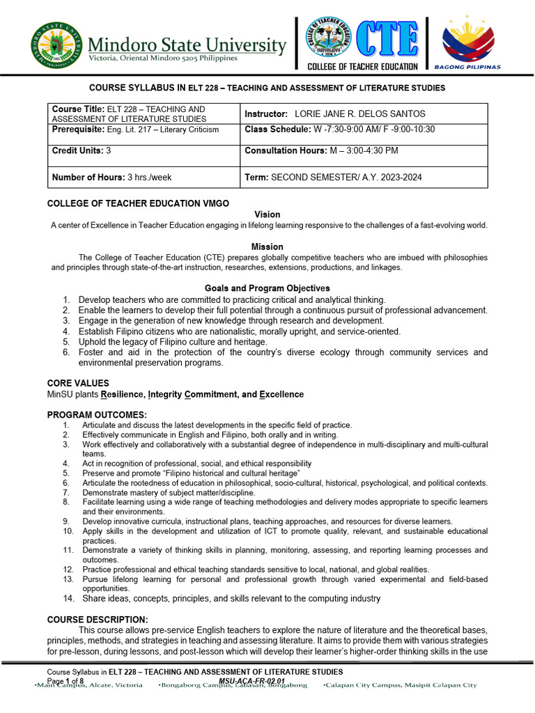 ELT 228 Syllabus: Teaching Literature Studies | PDF | Educational ...