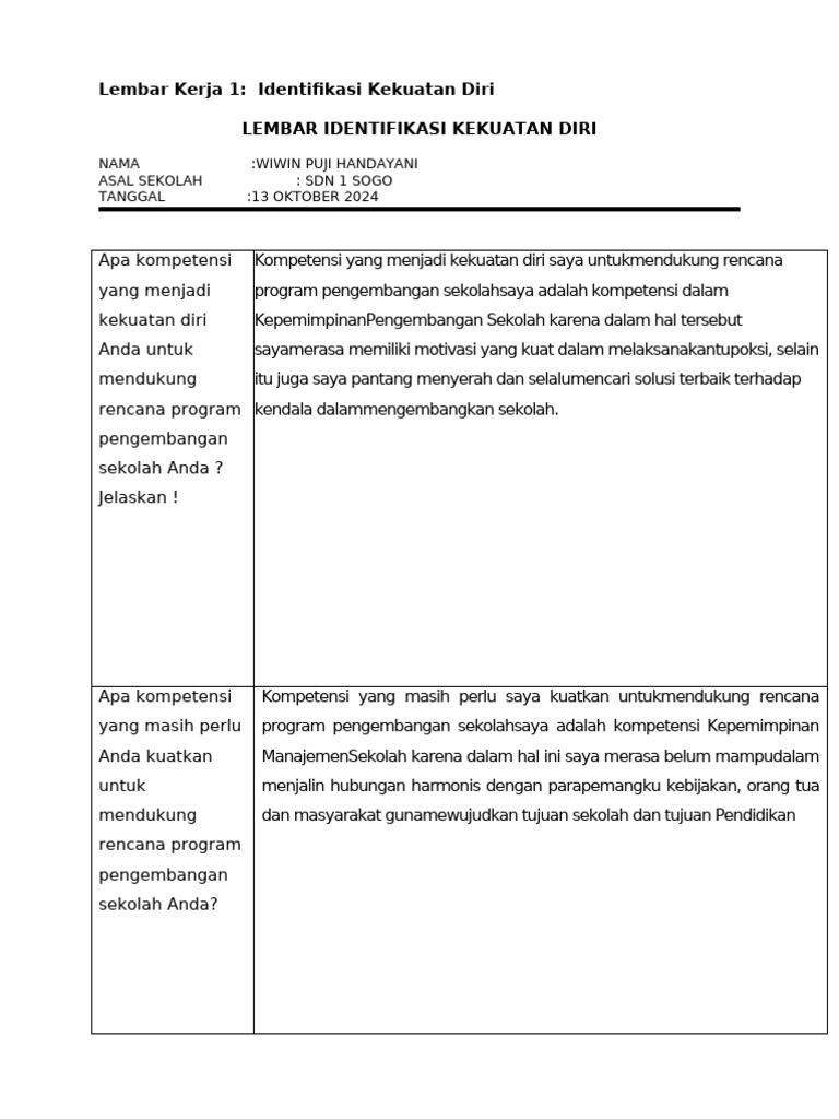 Lembar Kerja 1 - Identifikasi Kekuatan Diri WIWIN | PDF