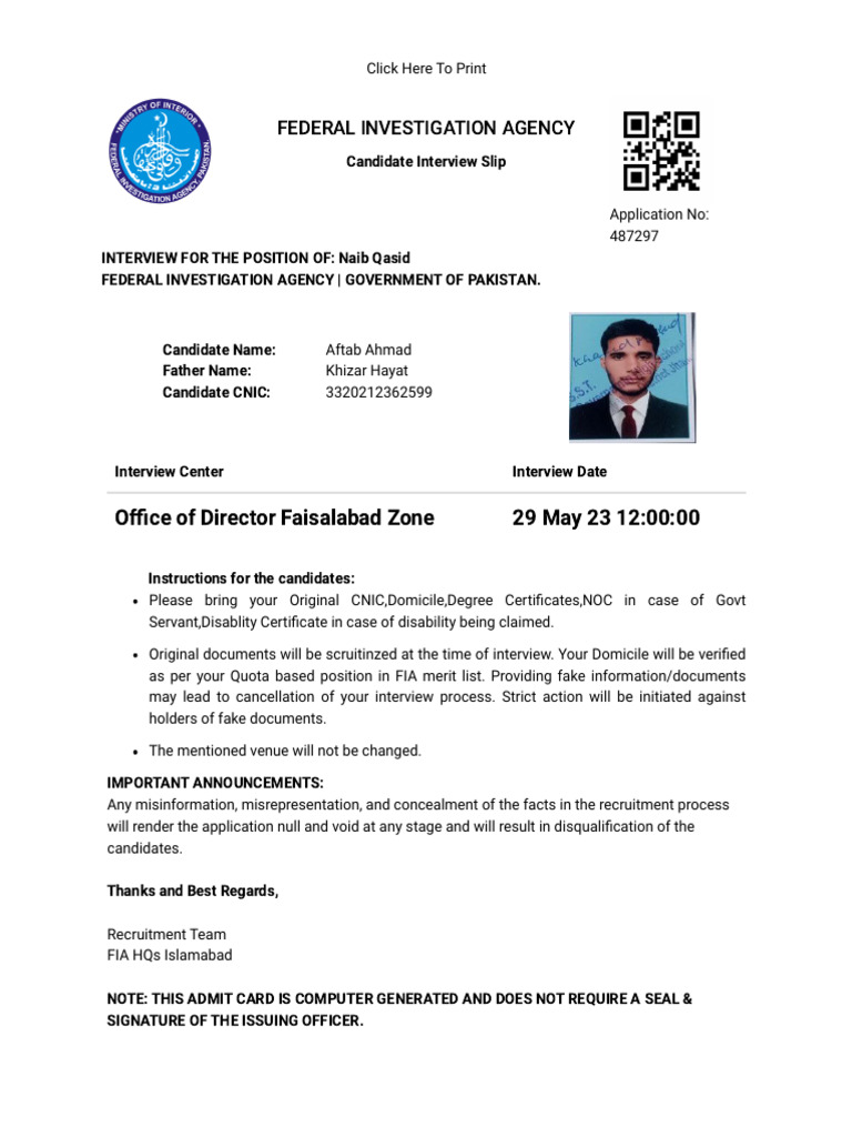 FIA Naib Qasid Interview Slip 2023 | PDF | Career & Growth | Business
