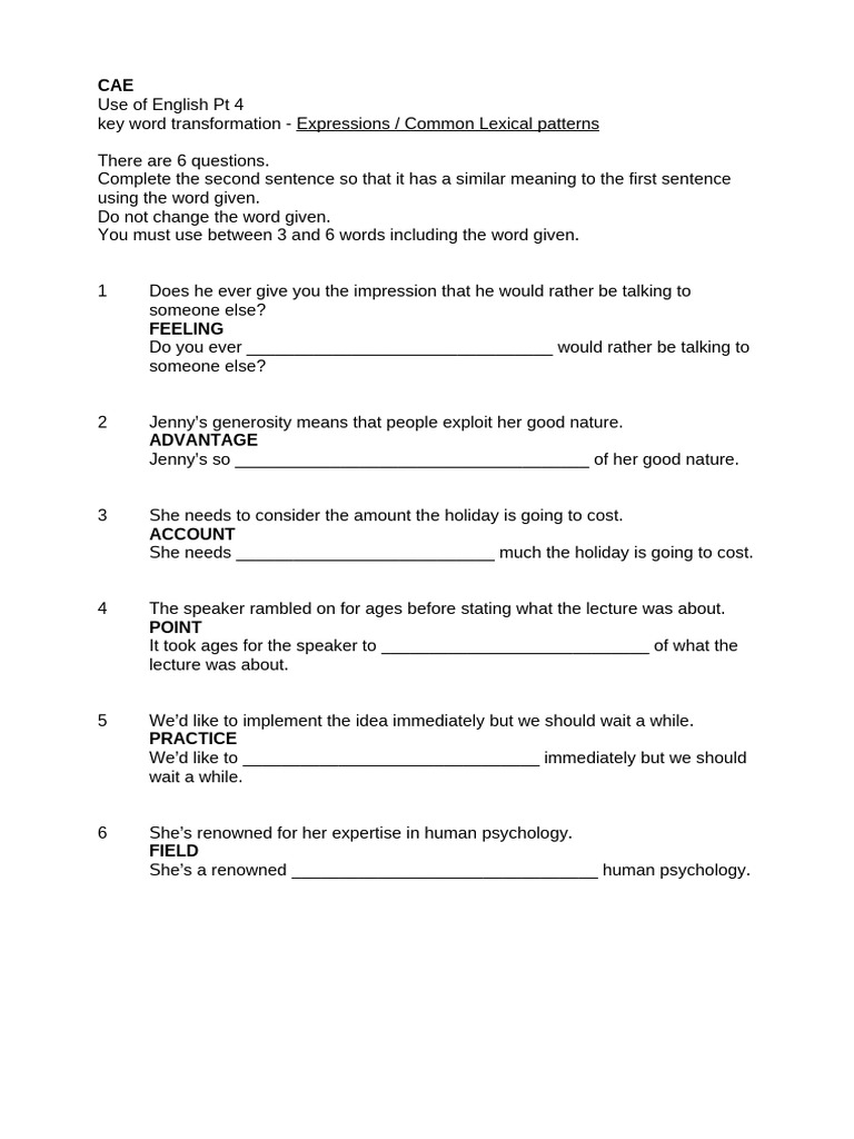 CAE Key Word Transformation Exercises | PDF | English Language ...