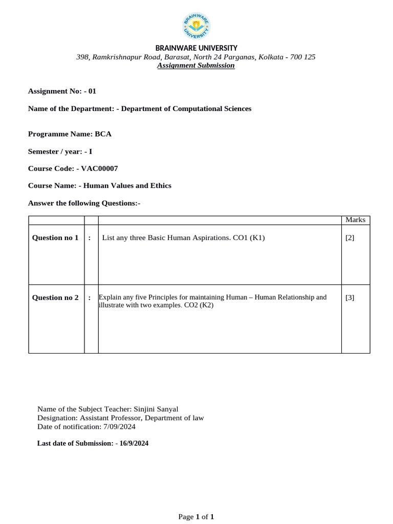 BCA Assignment on Human Values | PDF | Technology & Engineering