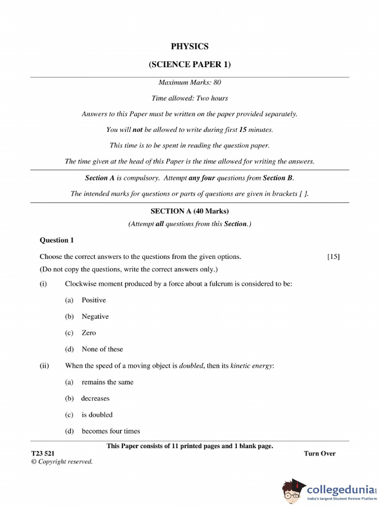 ICSE Class 10 Physics Question Paper 2023 | PDF