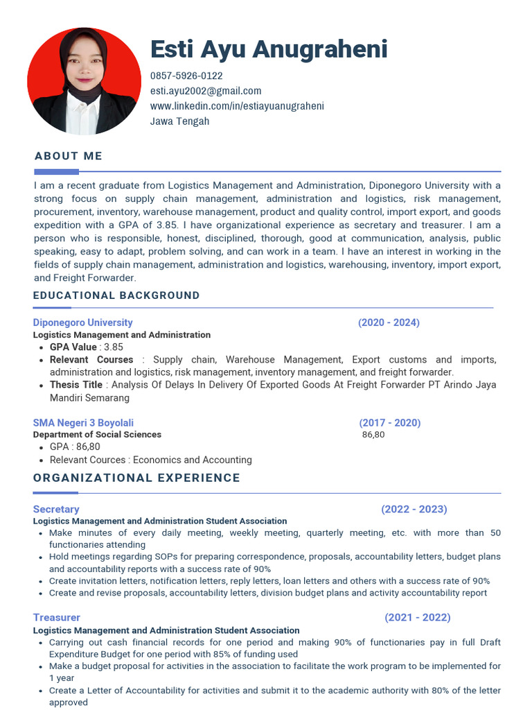 Cv Esti Ayu Anugraheni Pdf Logistics Warehouse