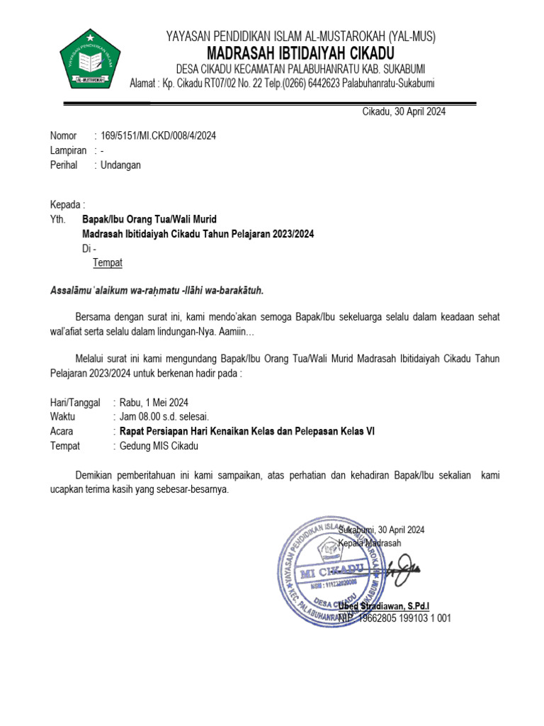 Surat Undangan Rapat Orang Tua Wali Murid MIS CIKADU | PDF