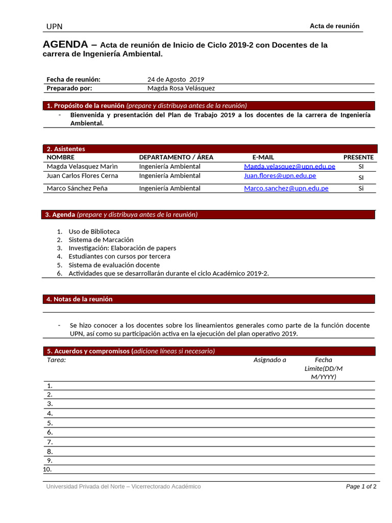 Acta de Reunión Con Docente Inicio de Ciclo - Magda - 2019 | PDF