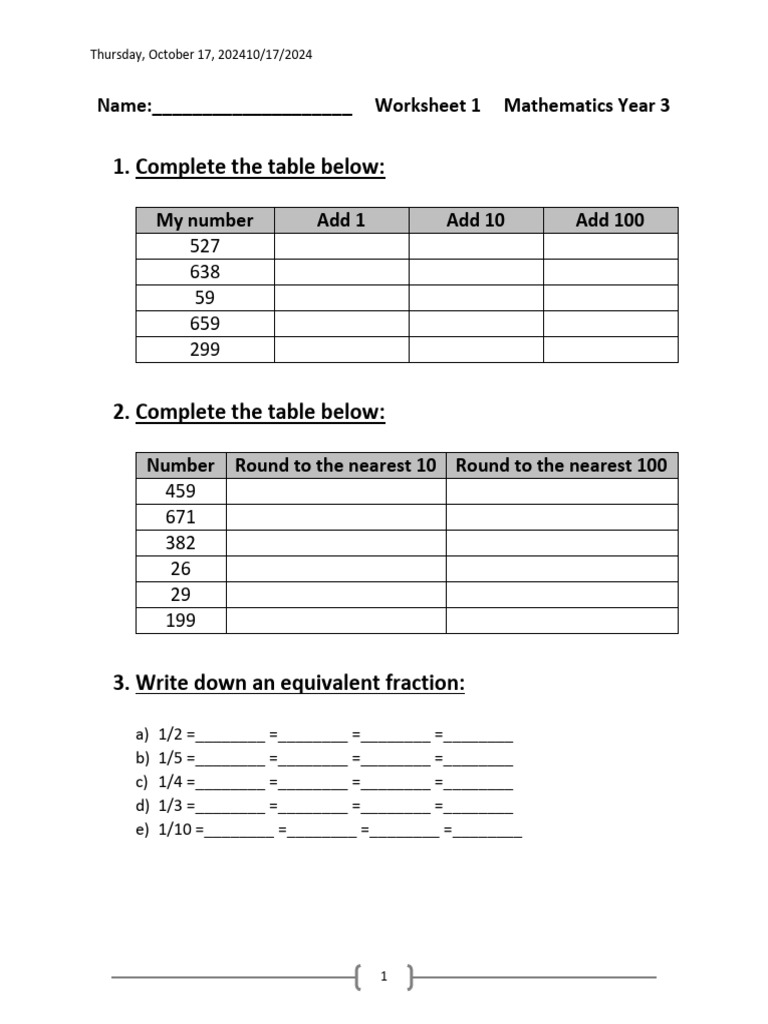 worksheet 1 math grade 3 | PDF | Mathematics
