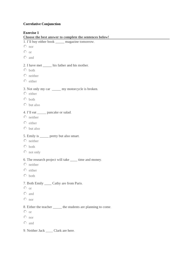 Correlative Conjunctions Exercises PDF | PDF