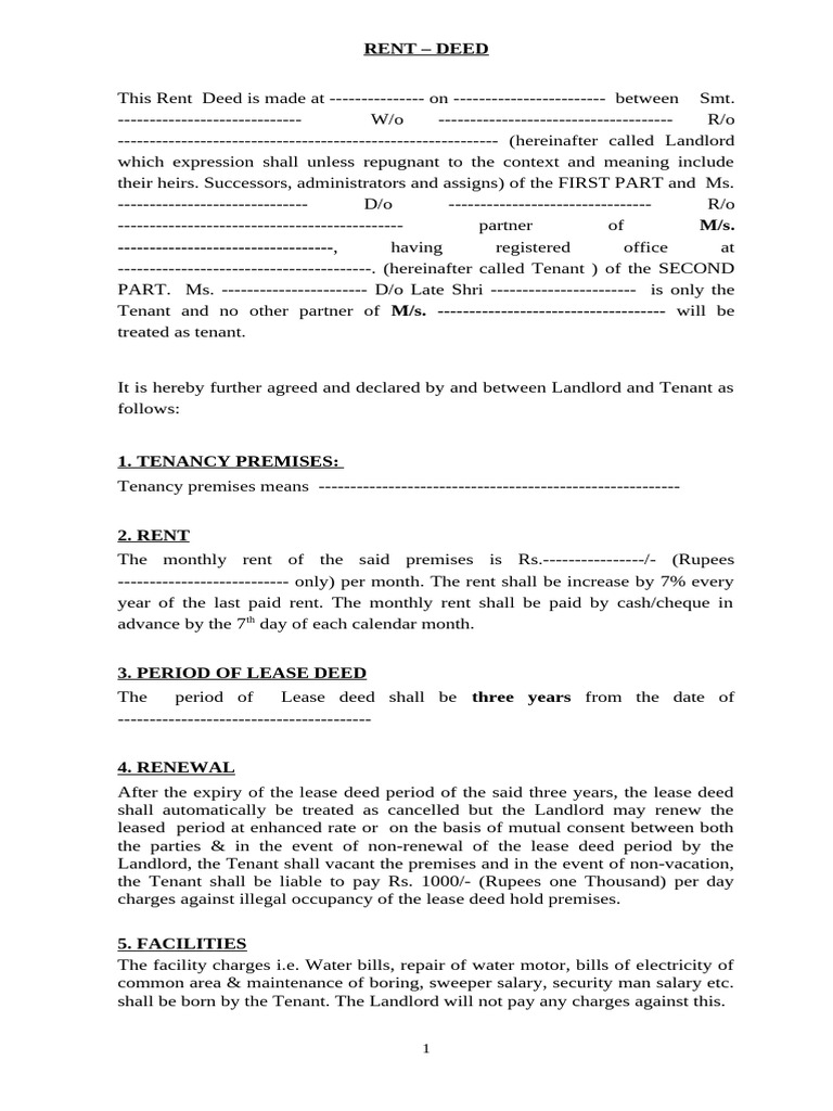 Rent Deed 1 | PDF | Leasehold Estate | Lease
