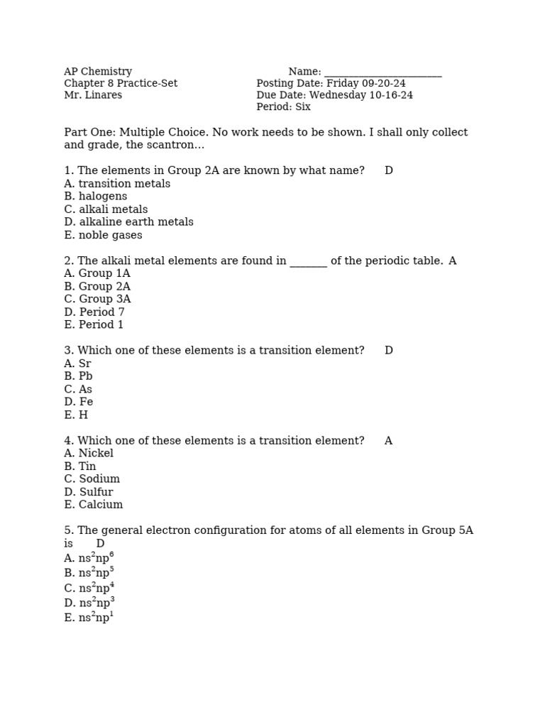 Chapter 8 - Practice-Set - Teacher | PDF | Chemical Elements | Sodium