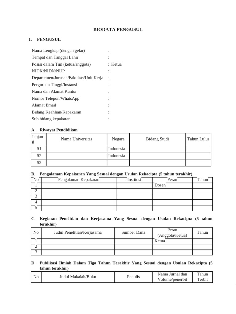 Formulir Biodata Pengusul (Ketua Dan Anggota) | PDF