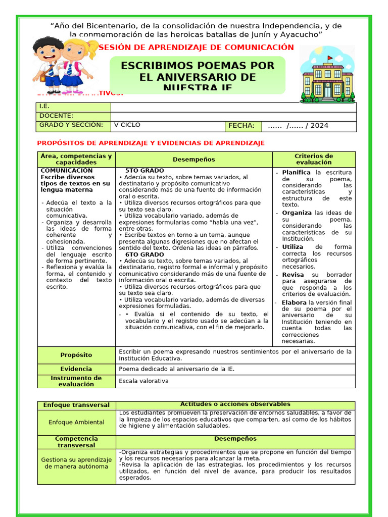 SES-ANIVERSARIO-ESCRIBIMOS POEMAS POR EL ANIVERSARIO DE NUESTRA IE | PDF | Evaluación | Aprendizaje
