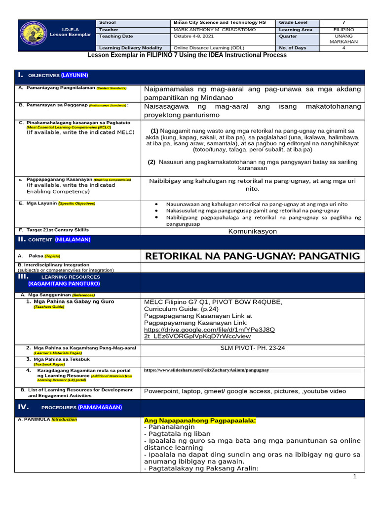 BCSTHS-IDEA-Lesson-Exemplar-FILIPINO - WEEK 4 - PANG-UGNAY | PDF