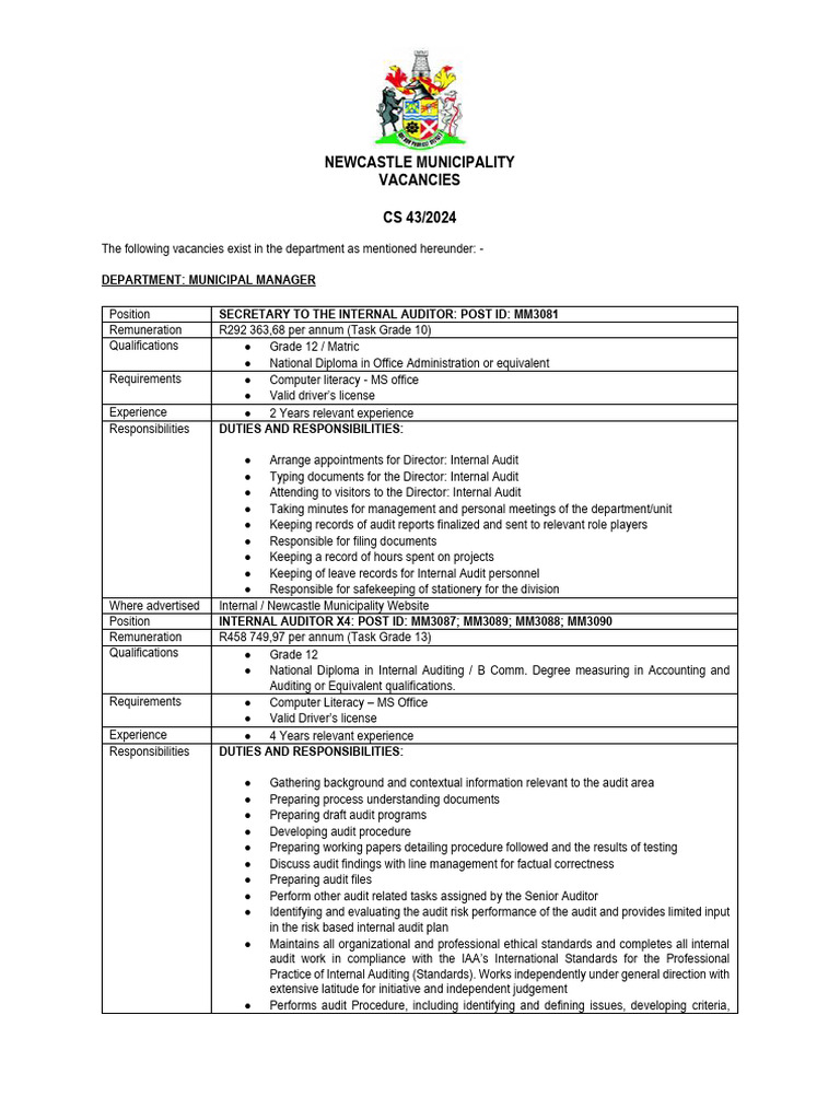 Advertisement of Vacancies - Secretary To The Internal Auditor ...
