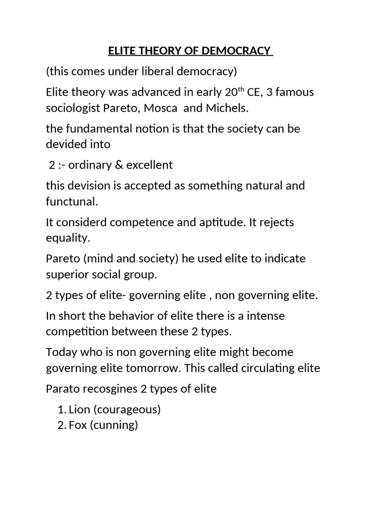 Elite Theory of Democracy | PDF | Politics | Social Science