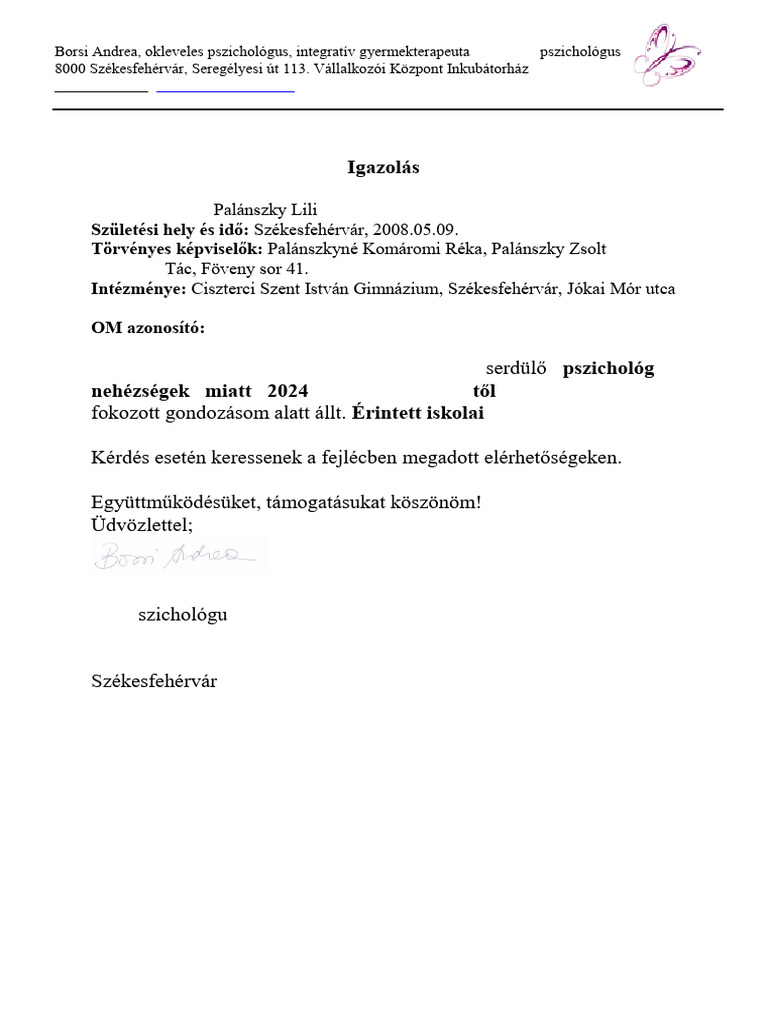 Igazolás Palánszky Lili Szept 17 20 | PDF