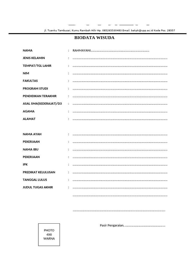 Biodata Wisuda Rahmayani dan Persyaratan | PDF