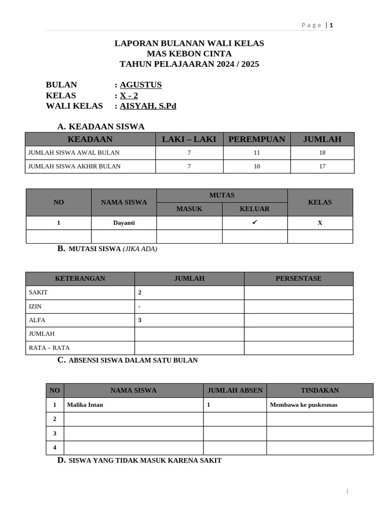 LAP. WALI KELAS X-2 Agustus | PDF