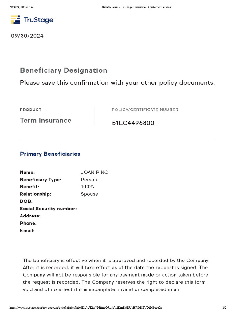 Beneficiaries - TruStage Insurance - Customer Service | PDF | Business ...