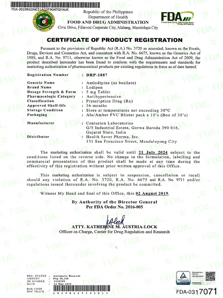 Amlodipine 5mg Tab (Lodipen) 7-21-24 | PDF