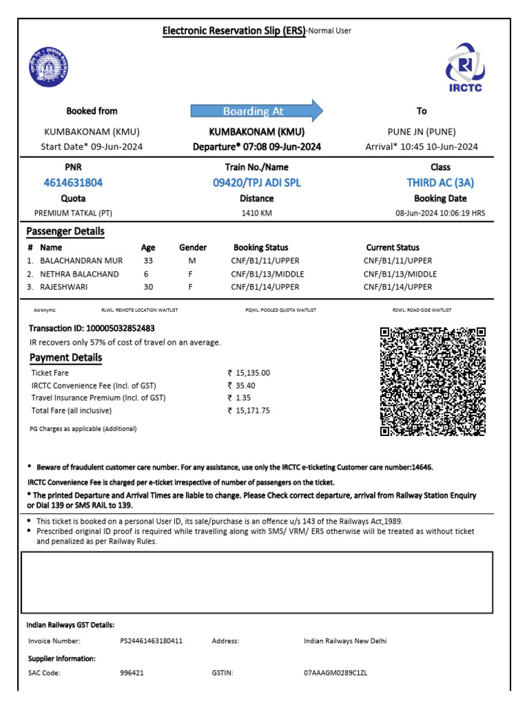 09420/TPJ ADI SPL Third Ac (3A) | PDF | Identity Document | Payments