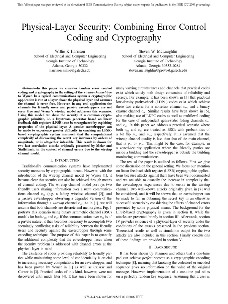 Physical-Layer Security Combining Error Control | PDF | Cryptography | Low Density Parity Check Code