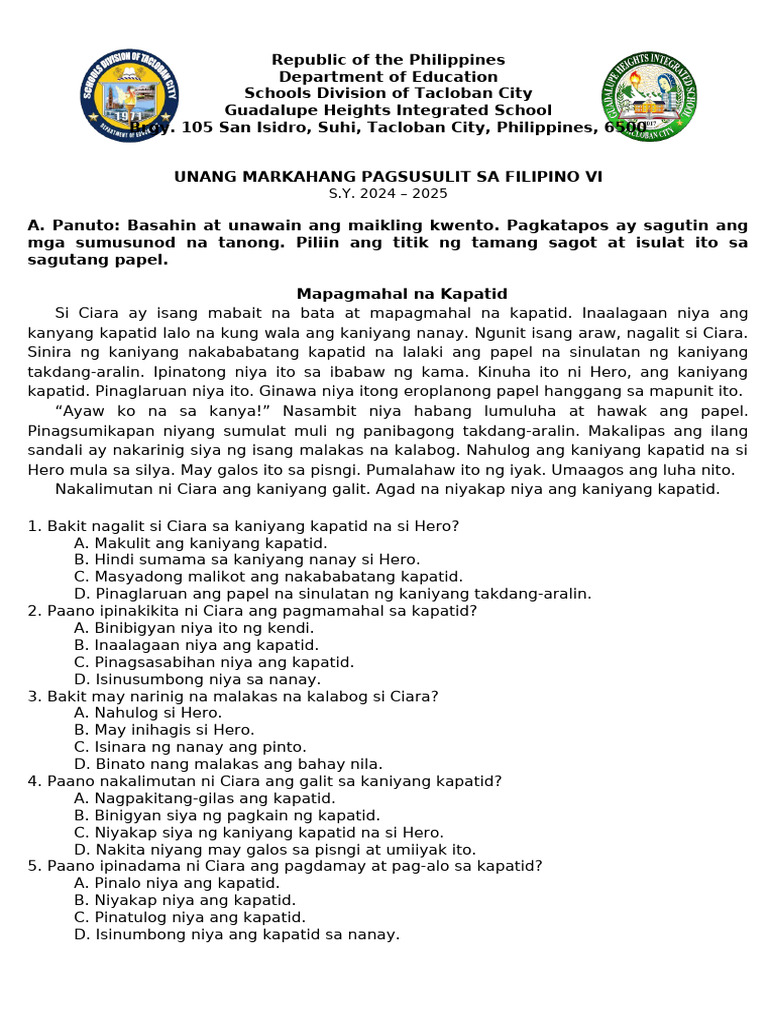 First Periodical Test in Filipino S.y.24-25 | PDF