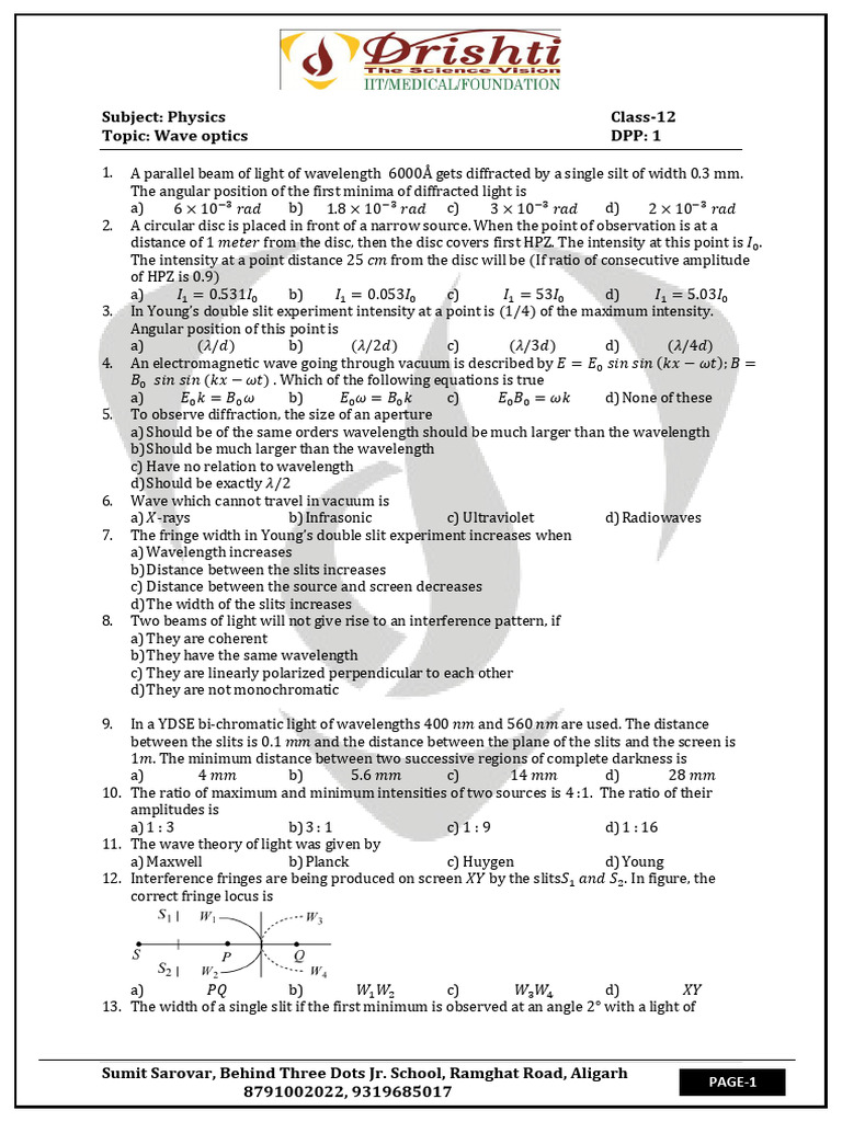 Wave Optics DPP-1 | PDF | Diffraction | Wavelength