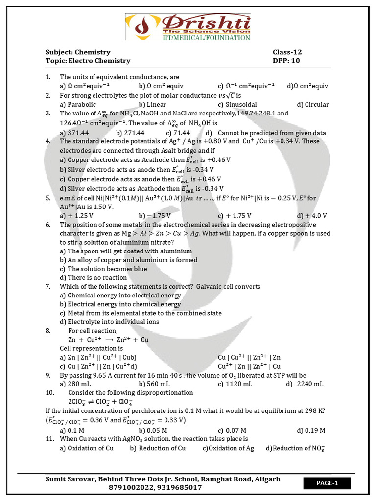 Class 12 Electrochemistry DPP | PDF | Iron | Electrochemistry