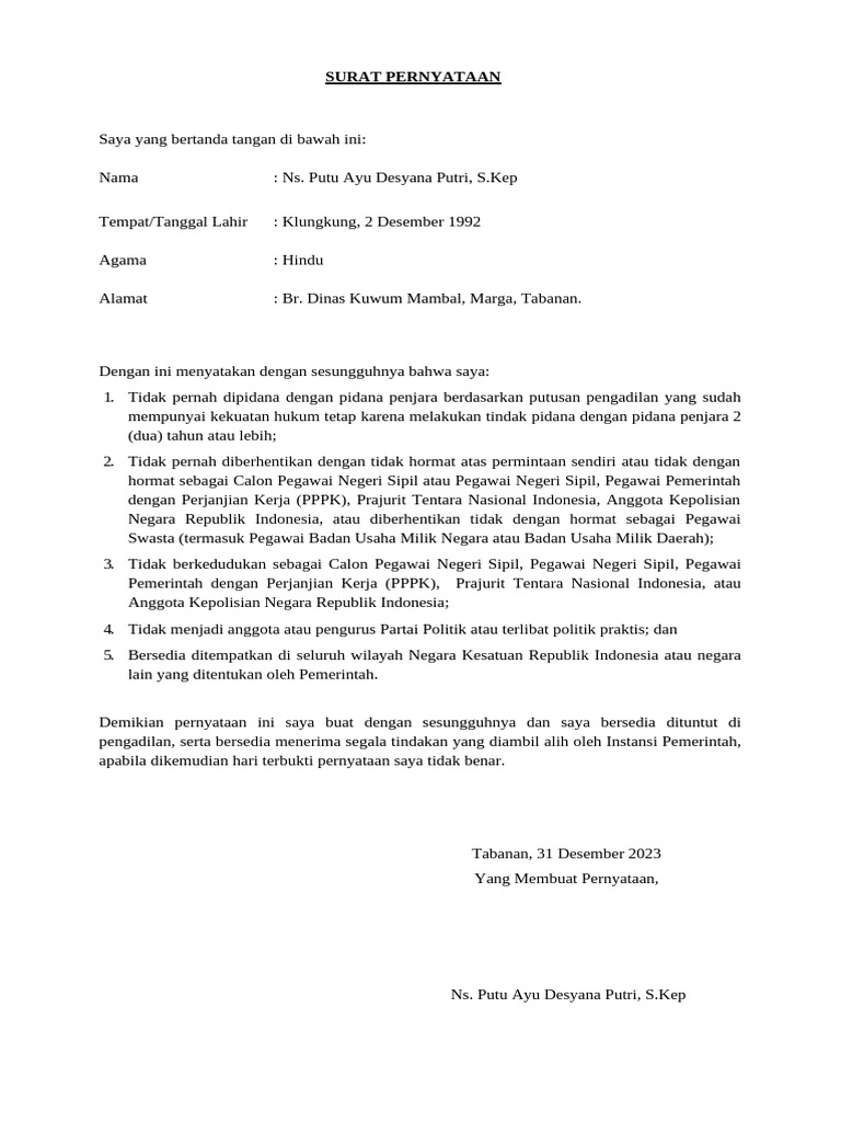 Format Surat Pernyataan Desy DRH | PDF | Ilmu Sosial