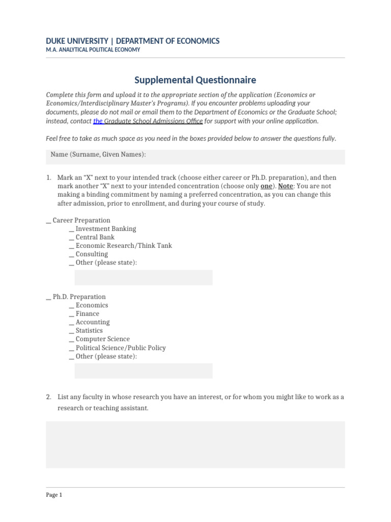 MAPE Supplemental Questionnaire_06-2021 | PDF | Economics | Science