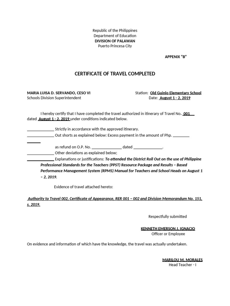 Certificate of Travel Completed (Teacher) - Copy | PDF