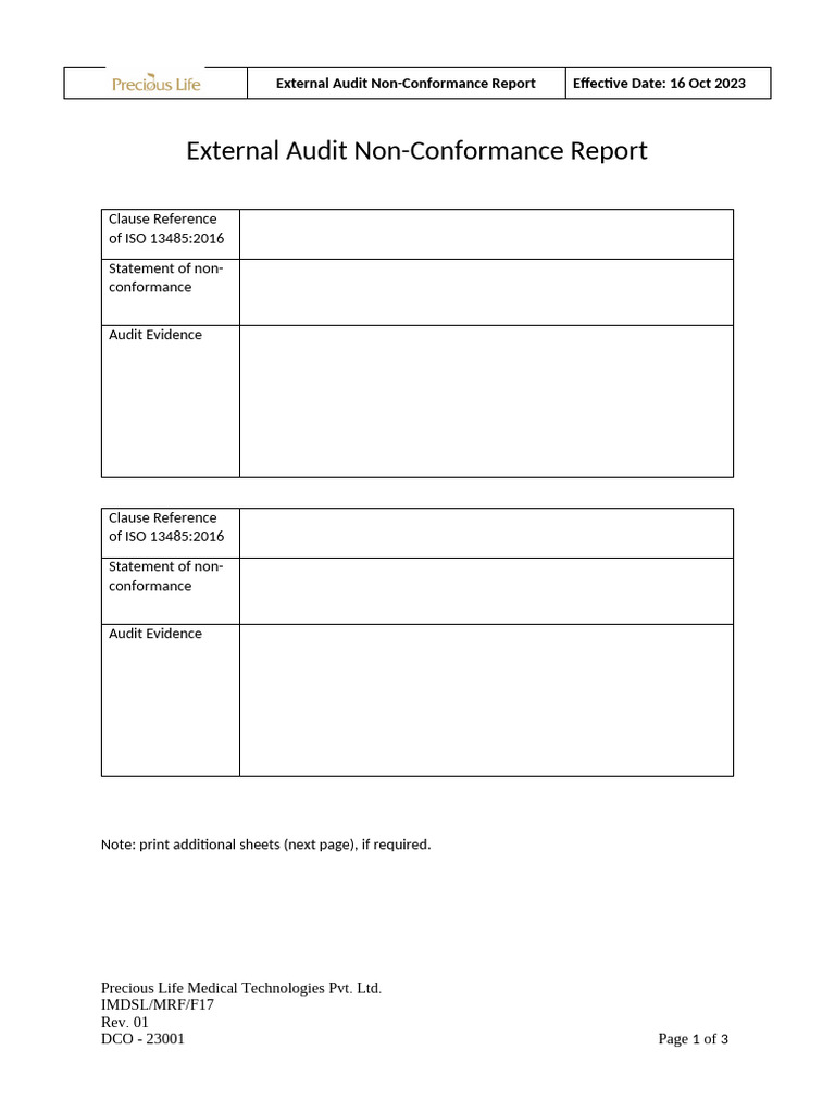 IMDSL - MRF - F17 External Audit Non-Conformance Report | PDF