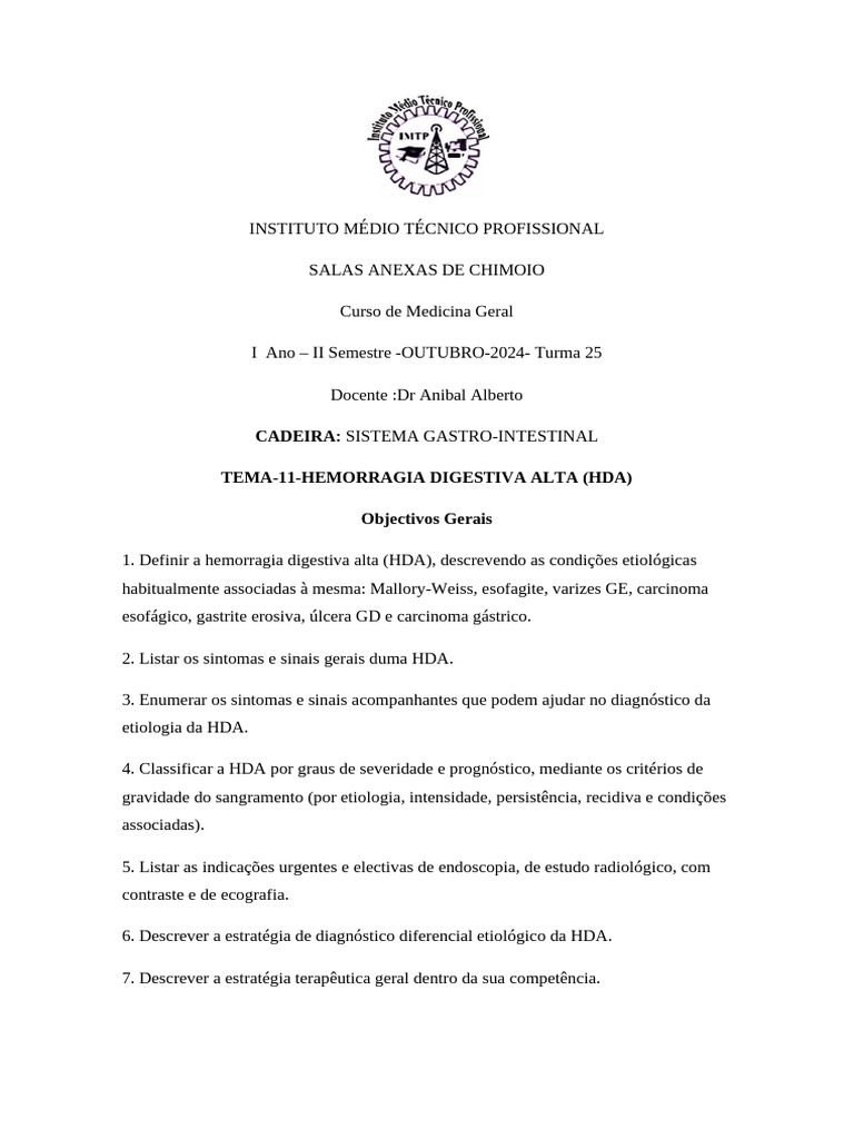 S G I Tema 11 Hemorragia Digestiva Alta Hda Pdf Choque Circulatório Esôfago