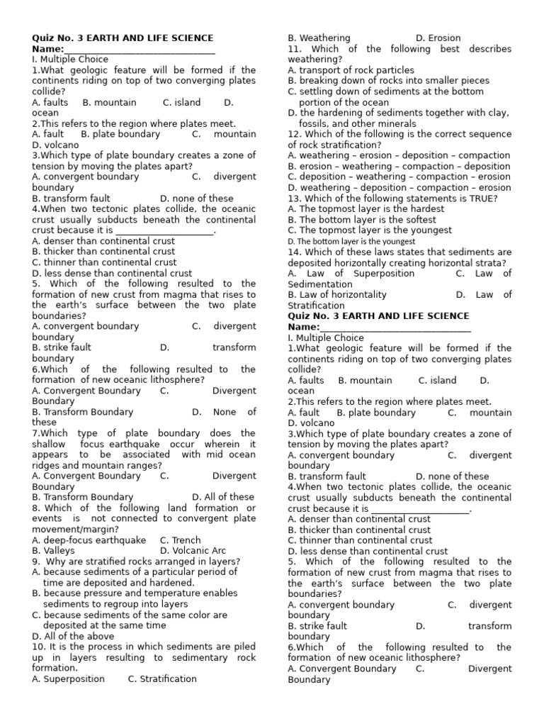 Earth and Life Science Quiz 3 | PDF | Plate Tectonics | Sedimentary Rock