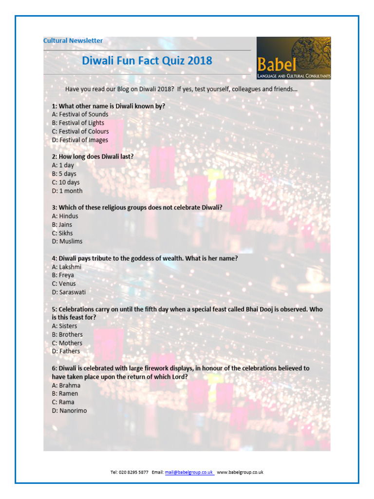 Diwali Quiz 2018: Test Your Knowledge | PDF