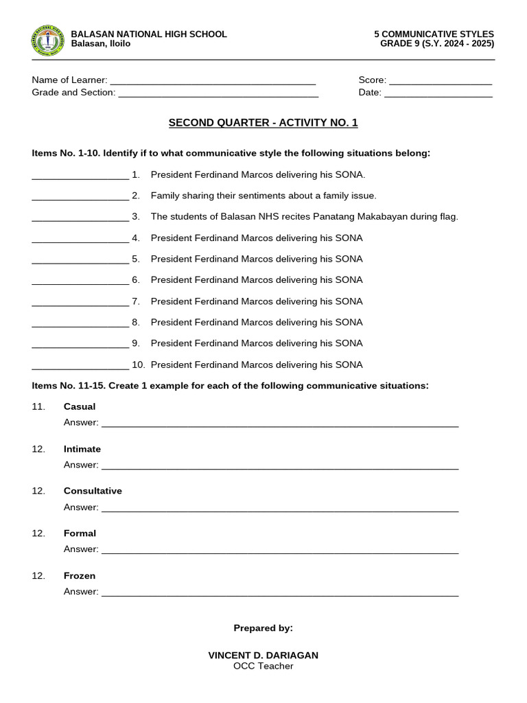 Activity For Communicative Styles | PDF