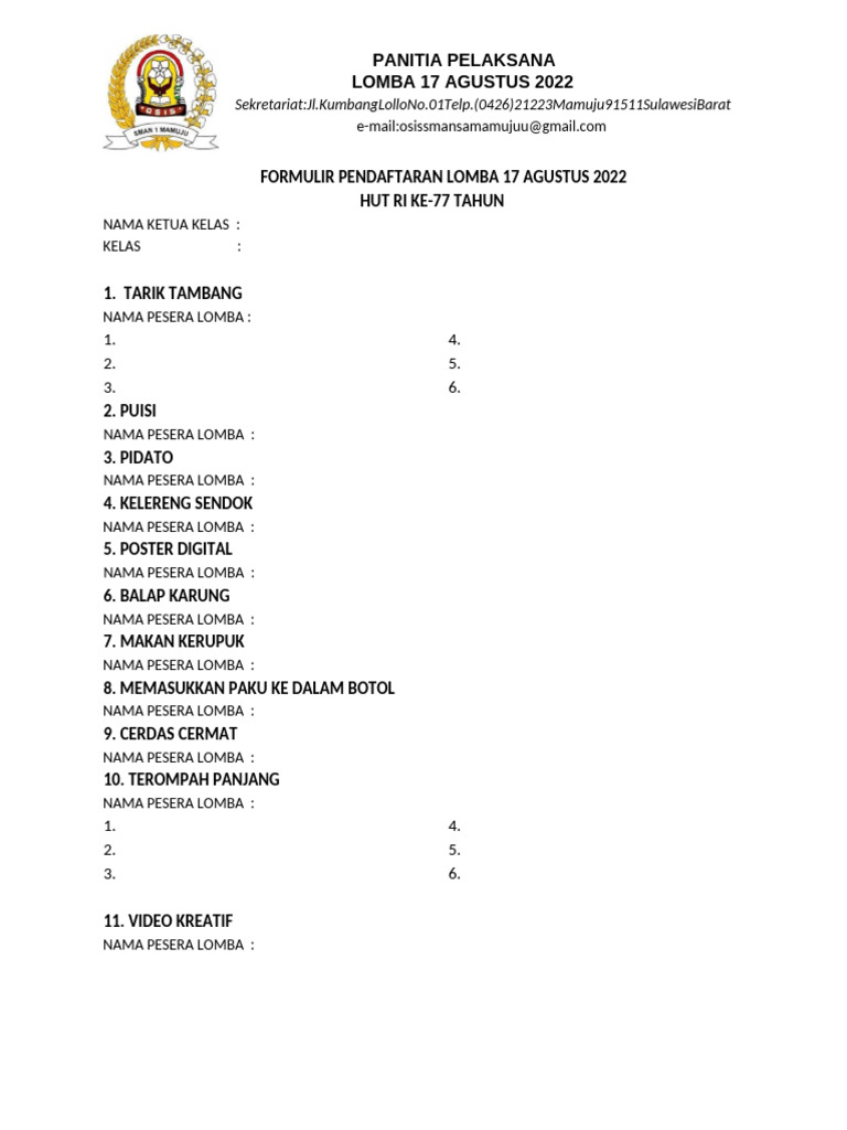 Formulir Pendaftaran Lomba 17 Agustus 2022 | PDF
