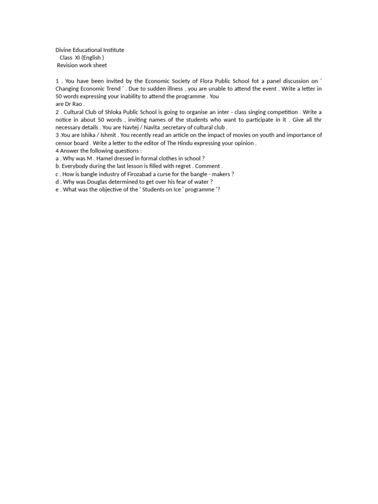 Class XI Worksheet | PDF