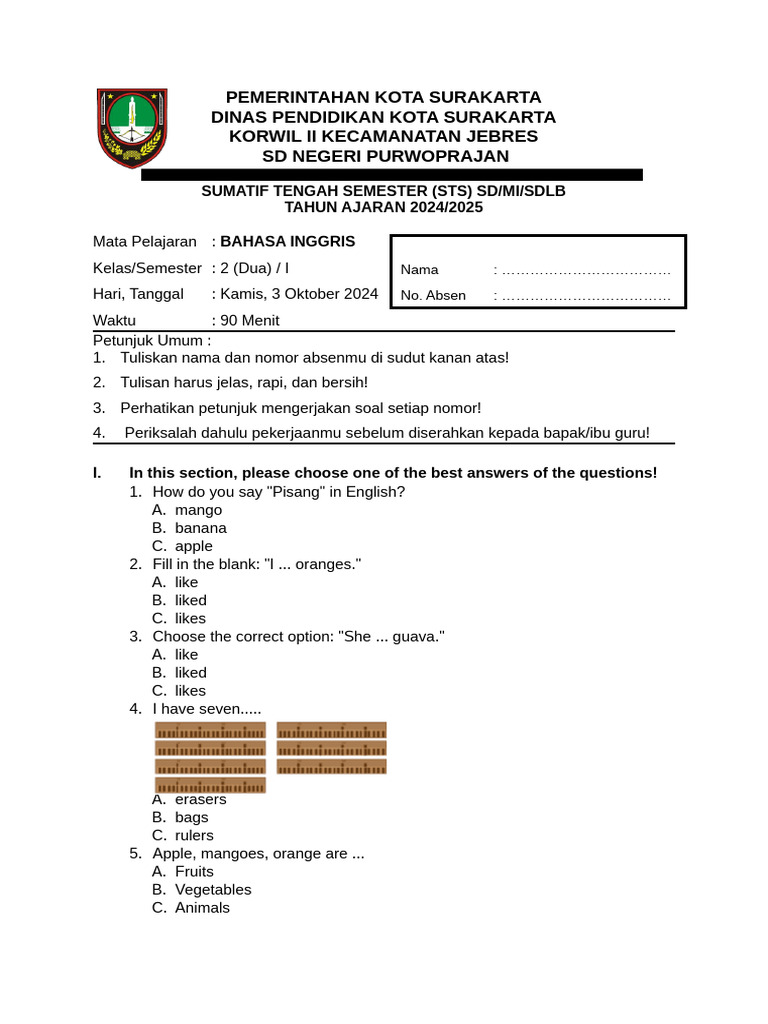 Soal STS Kelas 2 | PDF | Fruit | Edible Fruits
