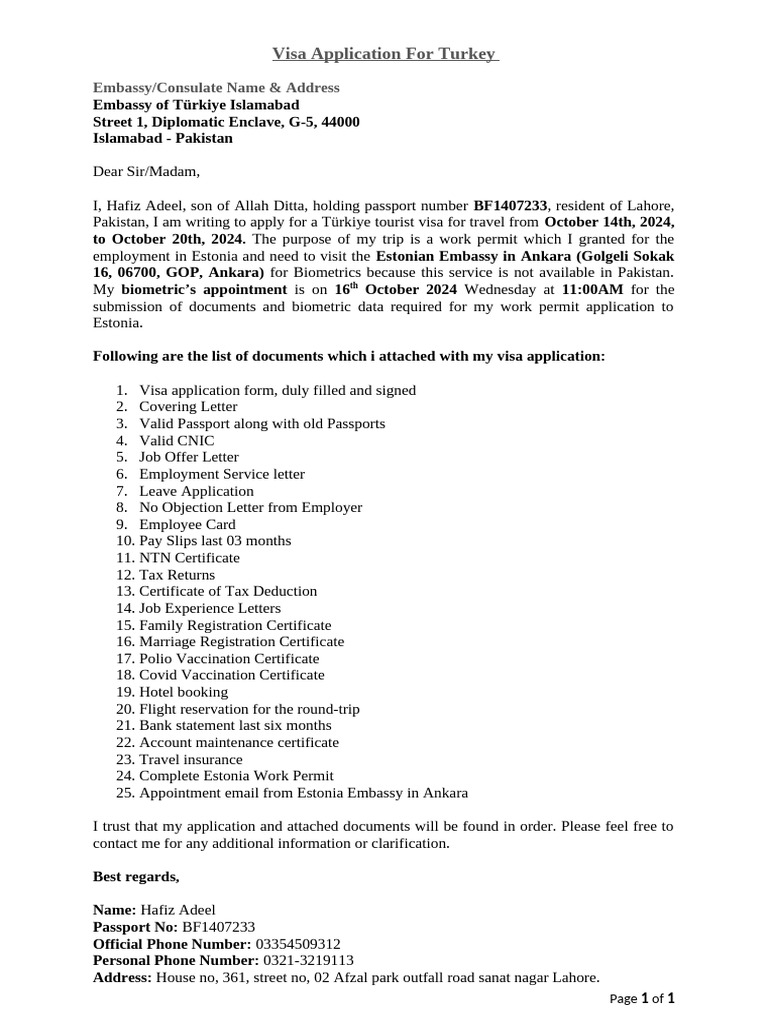 Visa Application Form For Turkey | PDF