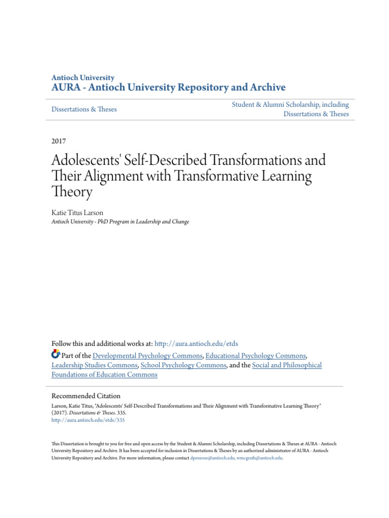 Adolescents Self-Described Transformations and Their Alignment With Transformative Learning ...