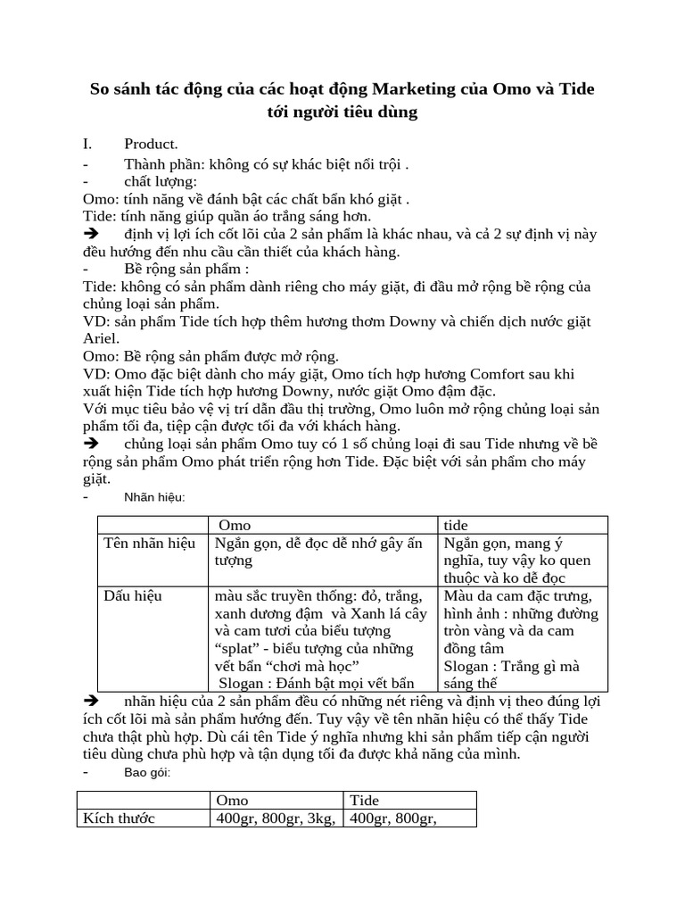 So Sánh Tác Đ NG C A Các Ho T Đ NG Marketing C A Omo Và Tide T I Ngư I Tiêu Dùng | PDF