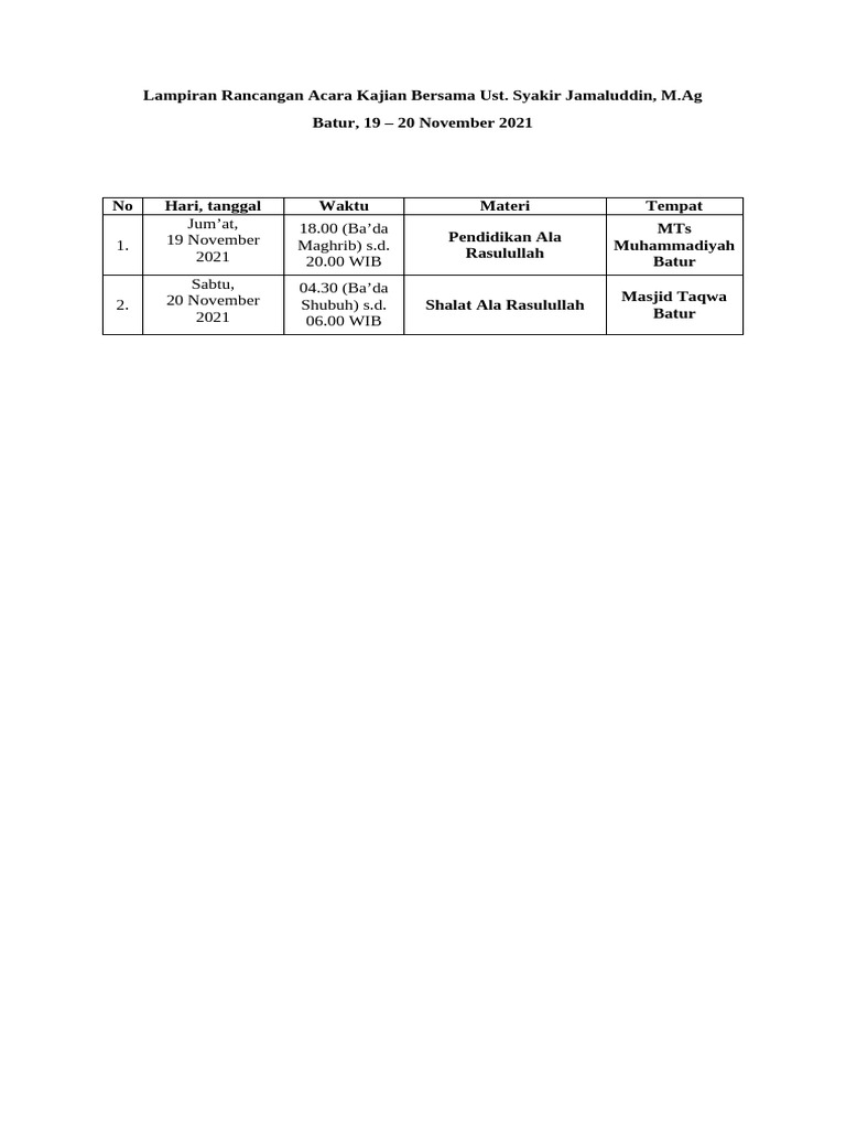 Rancangan Acara Kajian Bersama Ust | PDF