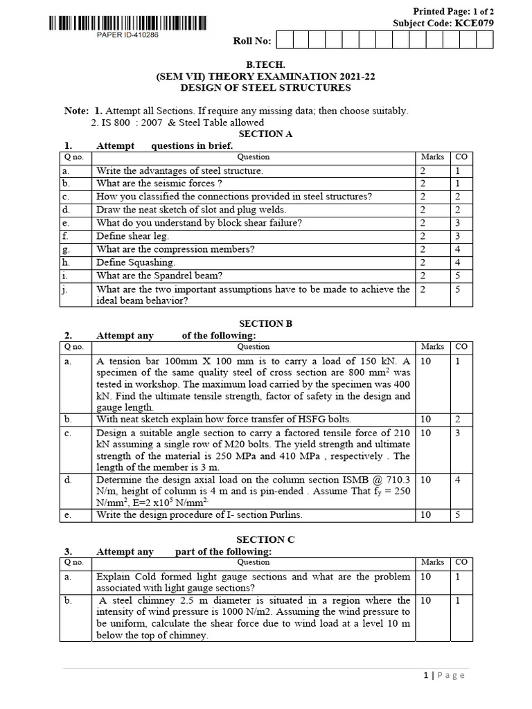 Btech Ce 7 Sem Design of Steel Structures Kce075 2022 | PDF | Strength ...