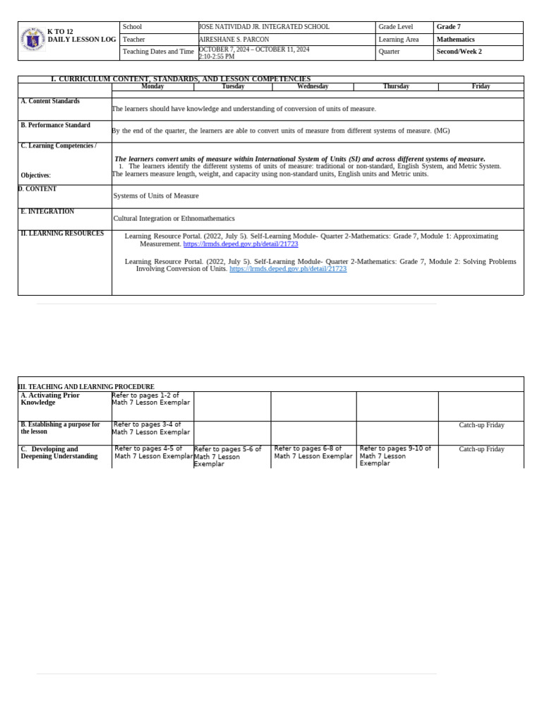 DLL Math 7 Q2 Week 2 | PDF | Learning | Mathematics