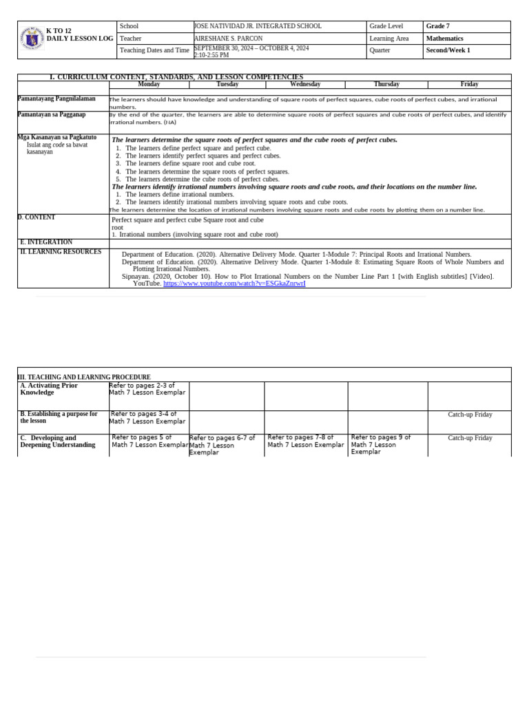DLL MATH 7 Q2 WEEK 1 | PDF | Mathematics | Learning