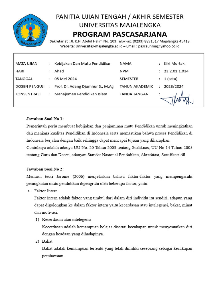 Kiki Murtaki - S2 MPI UNMA - Jawaban UAS Kebijakan & Mutu Pendidikan | PDF