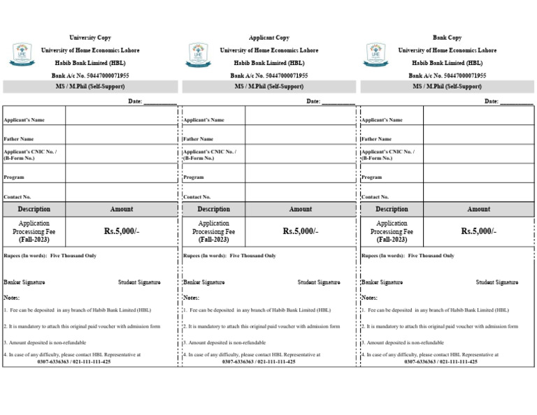 Application Processing Fee Voucher Format MS MPhil Fall Self Support Programs 2023 | PDF ...