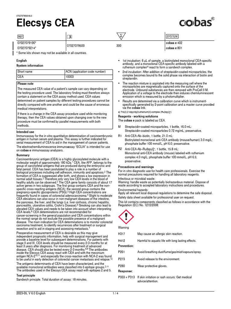 Insert - Elecsys CEA.07027079500.V6.En | PDF | Detection Limit ...