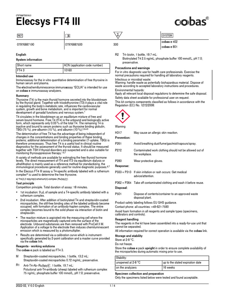 Insert - Elecsys FT4 III.07976887500.V6.En | PDF | Detection Limit | Assay